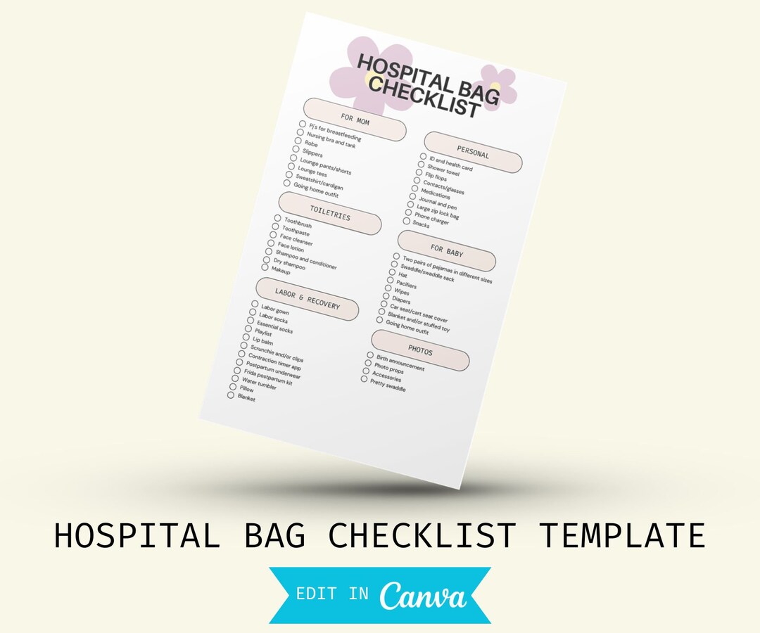 Hospital Bag Checklist Editable Template, Printable, Canva, Essentials ...