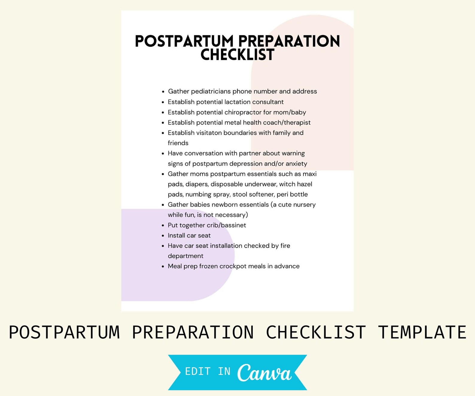 Postpartum Preparation Checklist Template, Editable, Printable, Canva ...