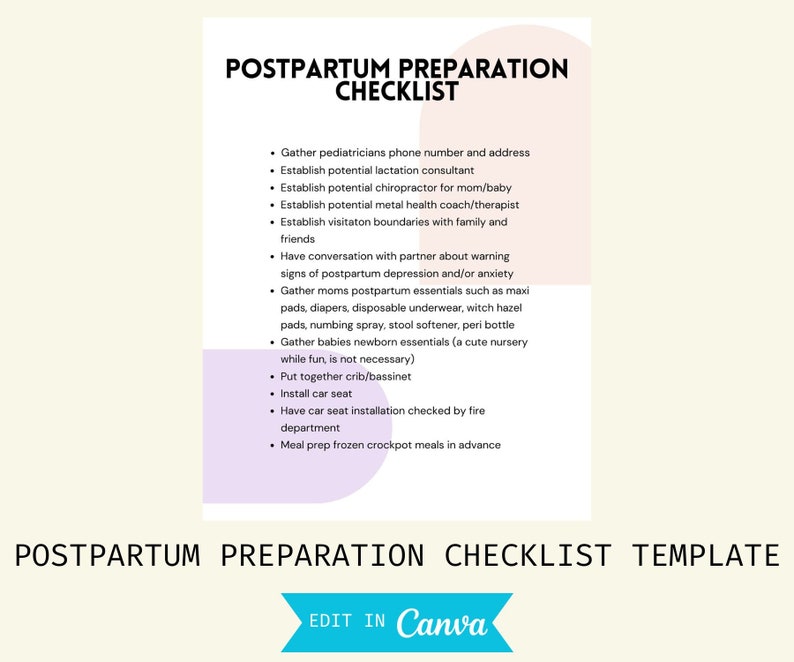 Postpartum Preparation Checklist Template, Editable, Printable, Canva ...