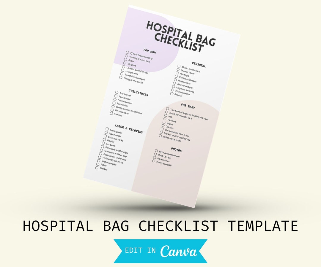 Hospital Bag Checklist Editable Template, Printable, Canva, Essentials ...