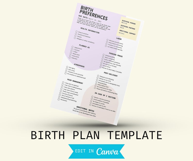 Birth Plan Editable Printable Canva Template, Labor, Delivery, Pain ...