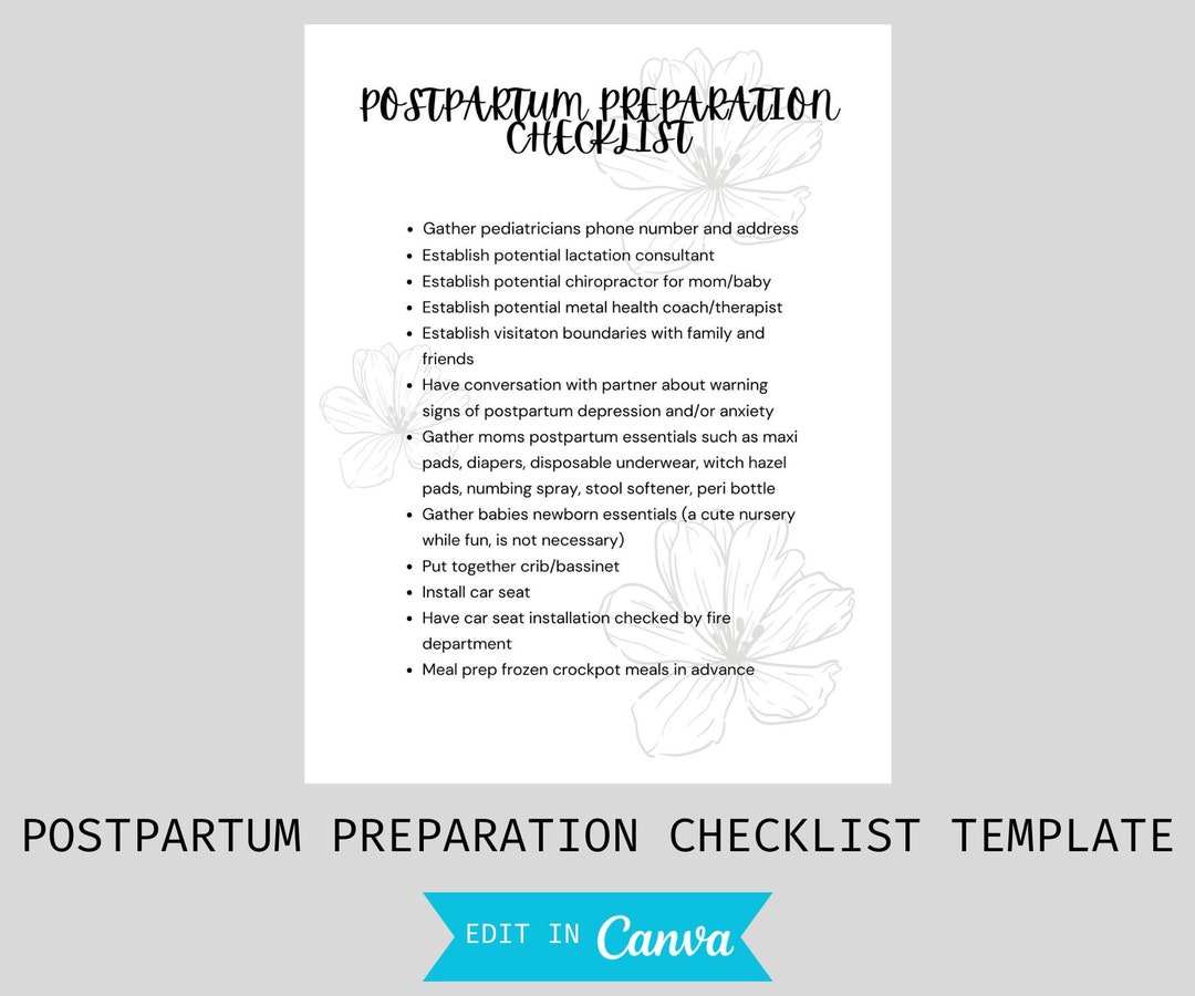Postpartum Preparation Checklist Template, Editable, Printable, Canva ...