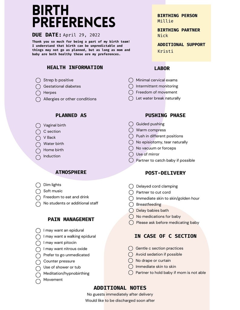 Birth Plan Editable Printable Canva Template, Labor, Delivery, Pain ...