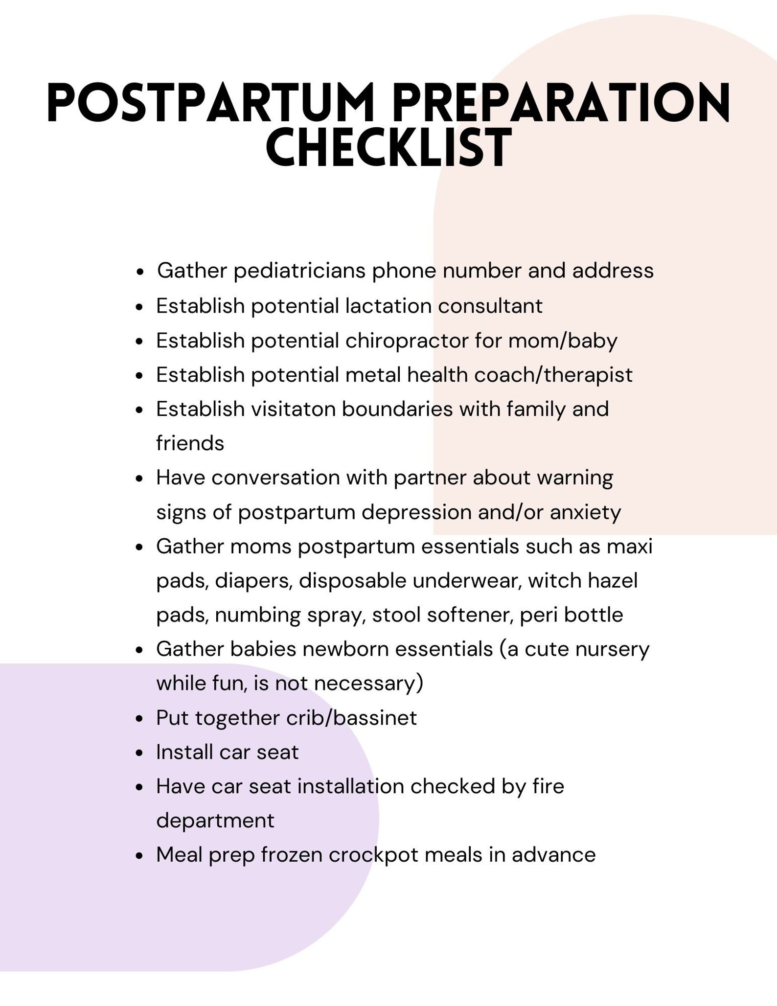 Postpartum Preparation Checklist Template, Editable, Printable, Canva ...