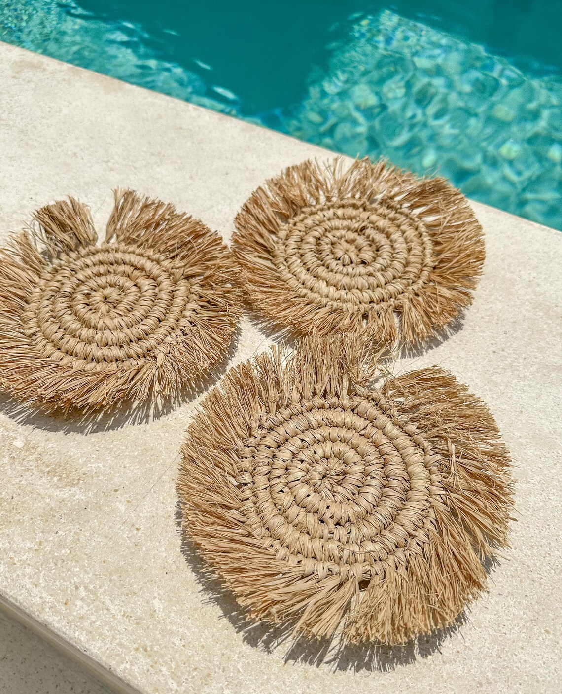 Round Raffia Coaster With Fringes - Etsy