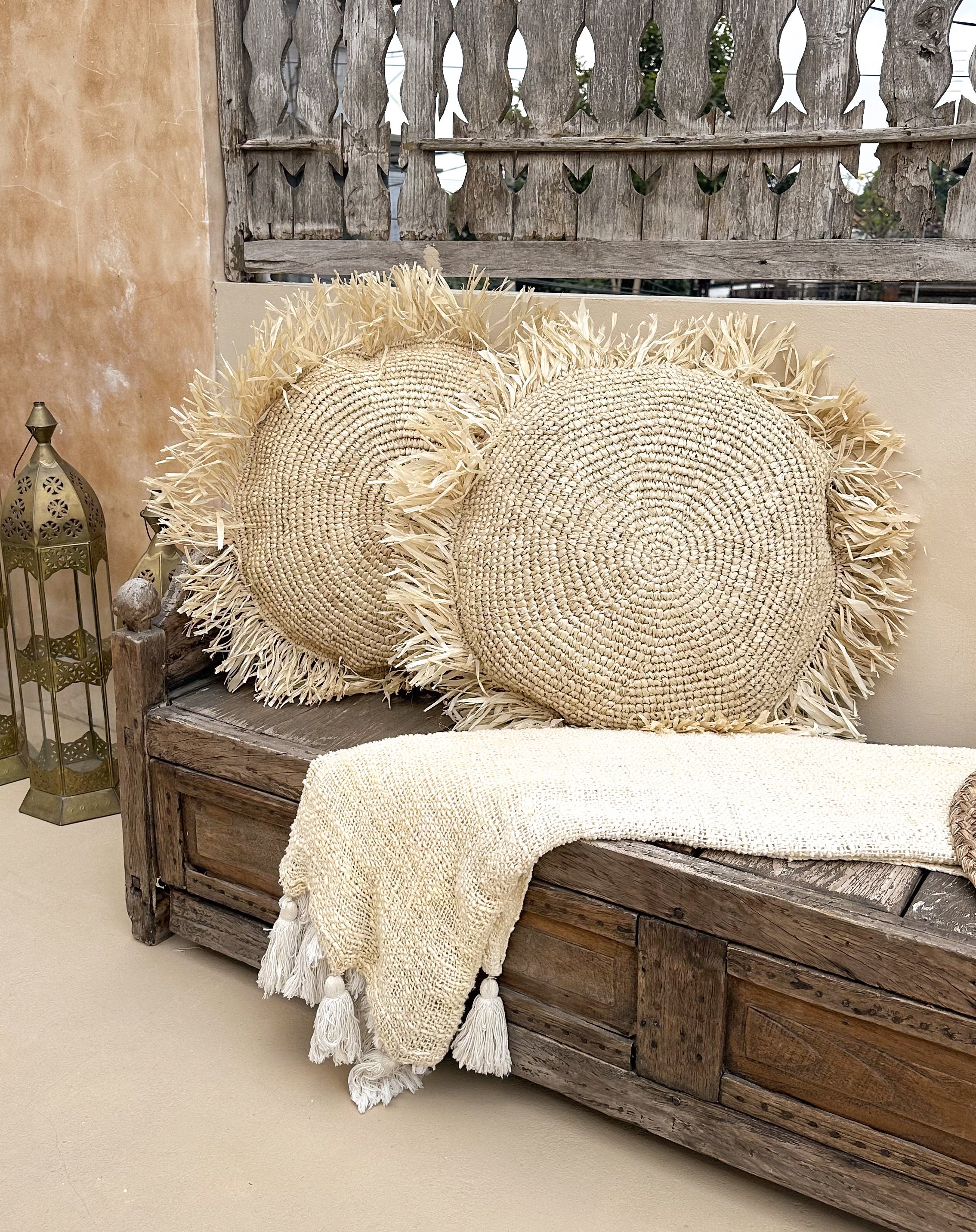 Round Raffia Fringed Pillow Cover - Etsy