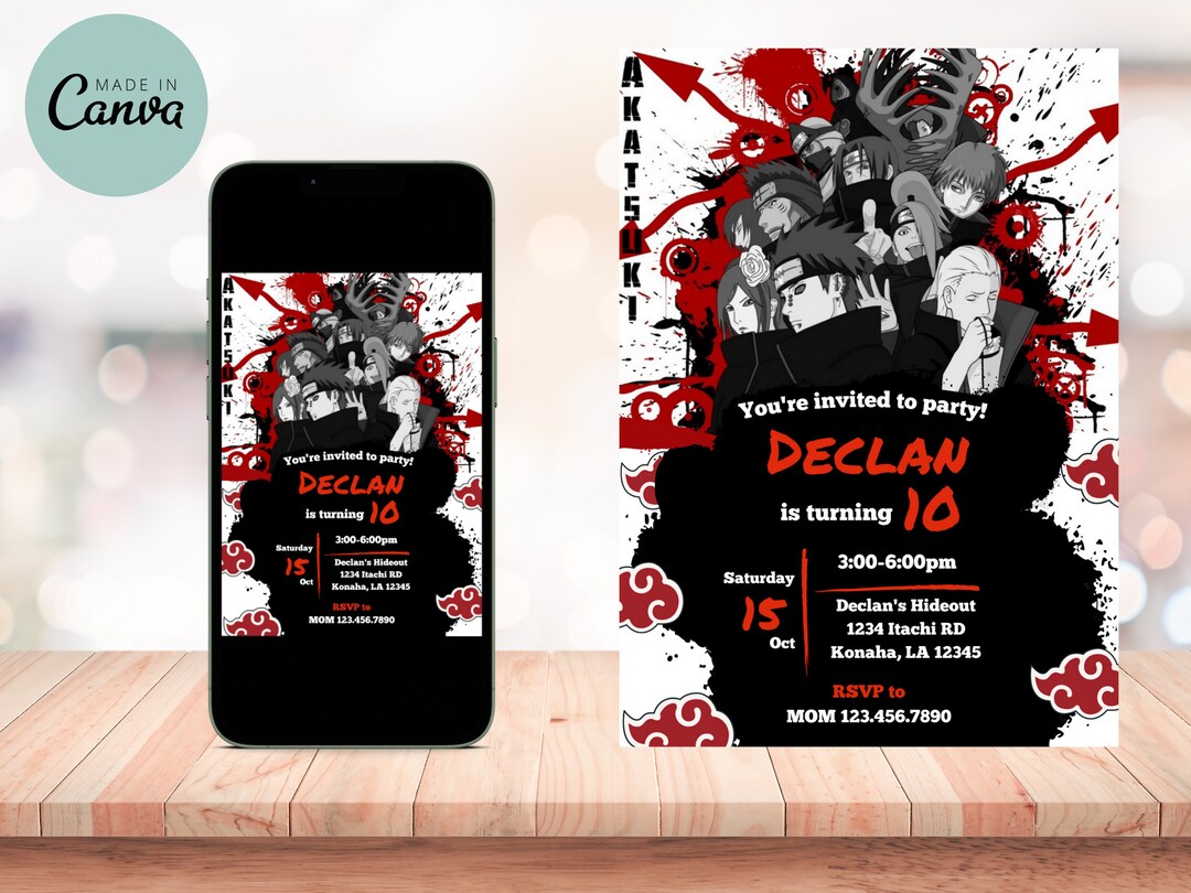 Naruto Akatsuki Birthday Invitation Editable Template - Etsy