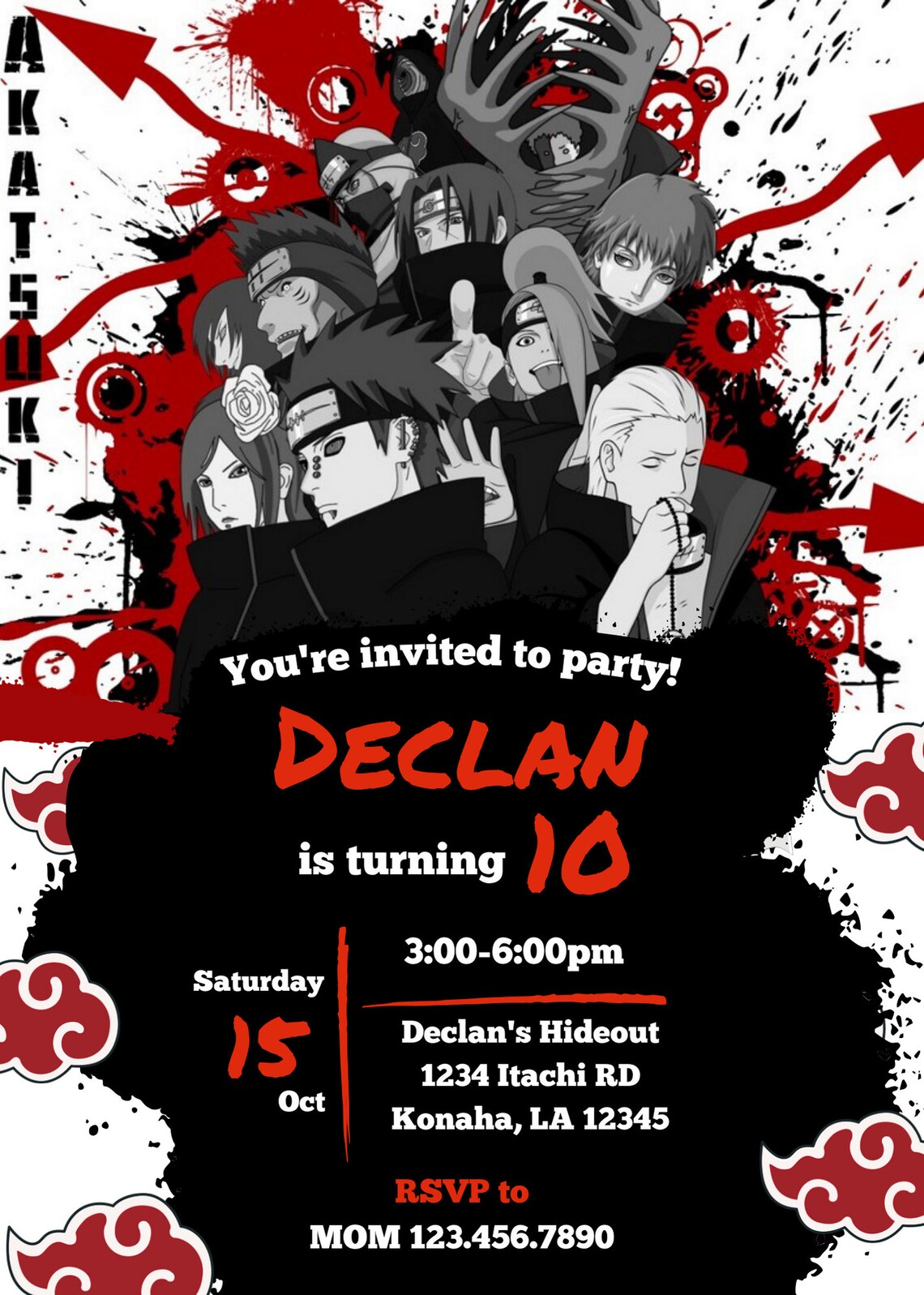 Naruto Akatsuki Birthday Invitation Editable Template - Etsy