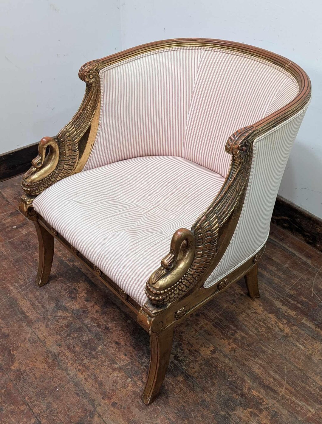 Vintage Wooden Framed Tub Chair With Swan Carvings and Pinstriped ...