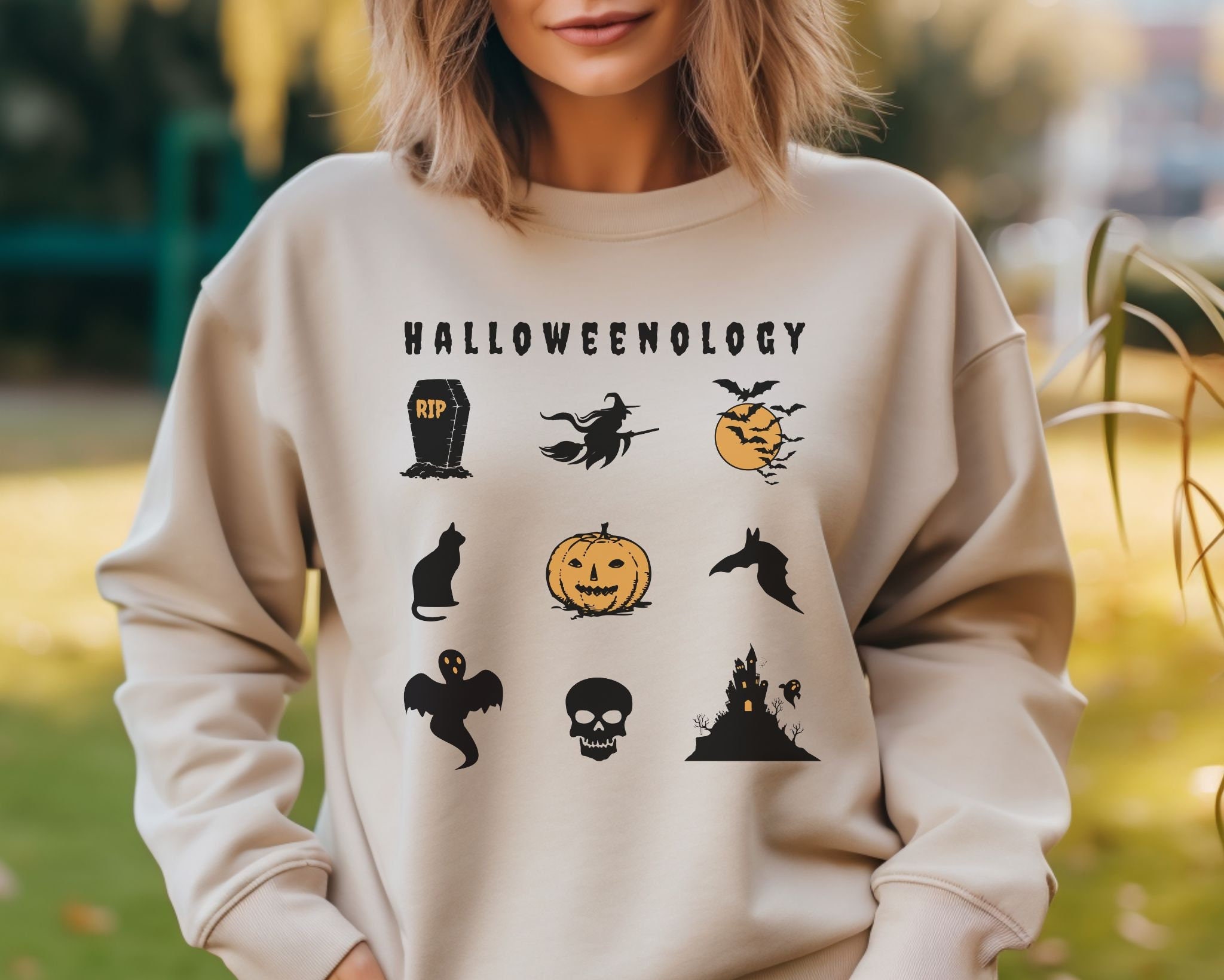 Classic Halloween Icons Sweatshirt, Tombstone Witch and Moon, Black Cat ...