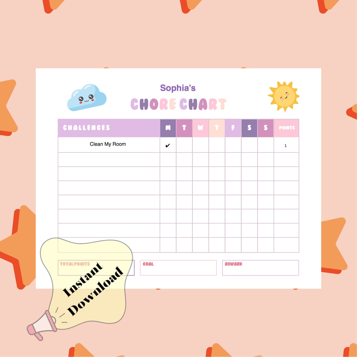 Kids Chore Chart, Printable Editable Daily & Weekly Kids Chore Reward ...