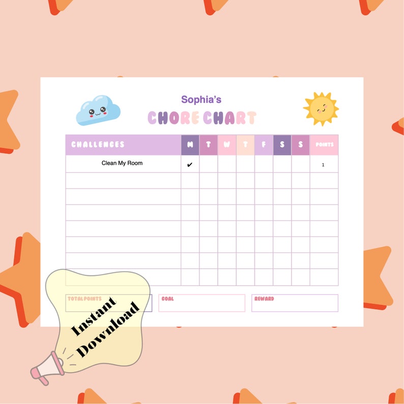 Kids Chore Chart, Printable Editable Daily & Weekly Kids Chore Reward ...