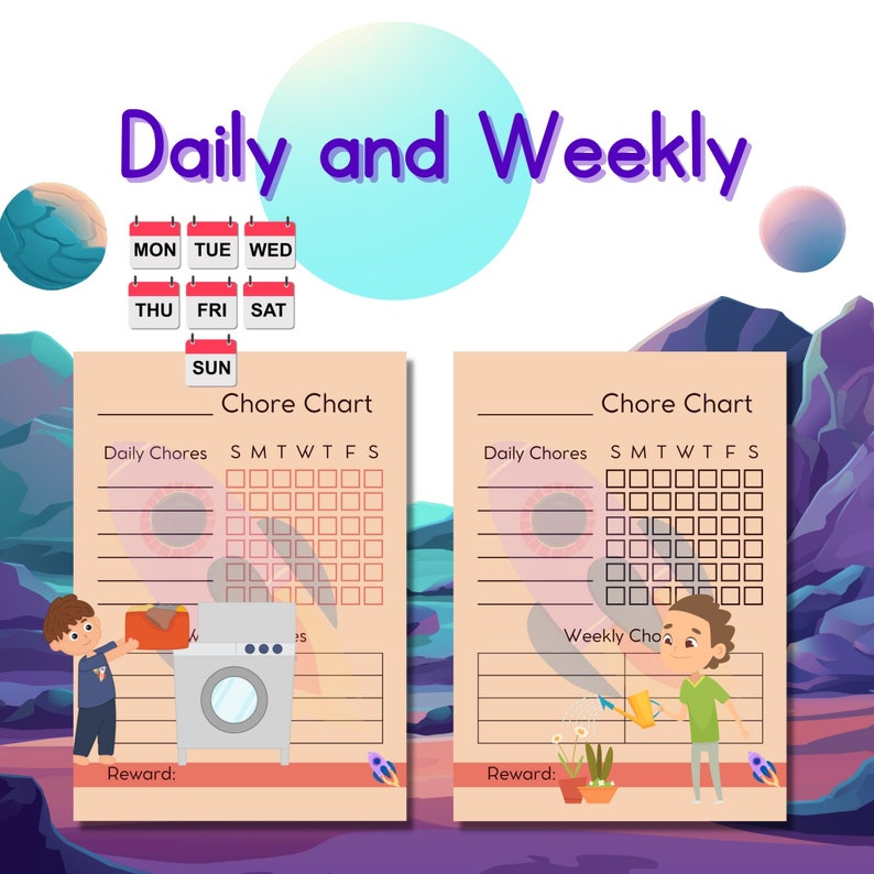 Kids Chore Chart Outer Space, Printable Weekly Kids Chore Chart ...