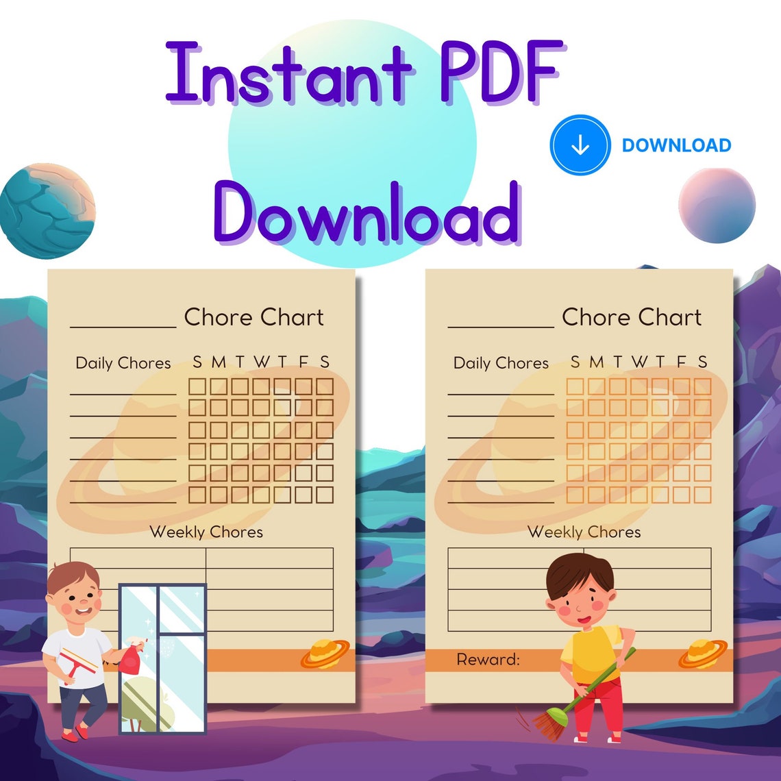 Kids Chore Chart Outer Space, Printable Weekly Kids Chore Chart ...