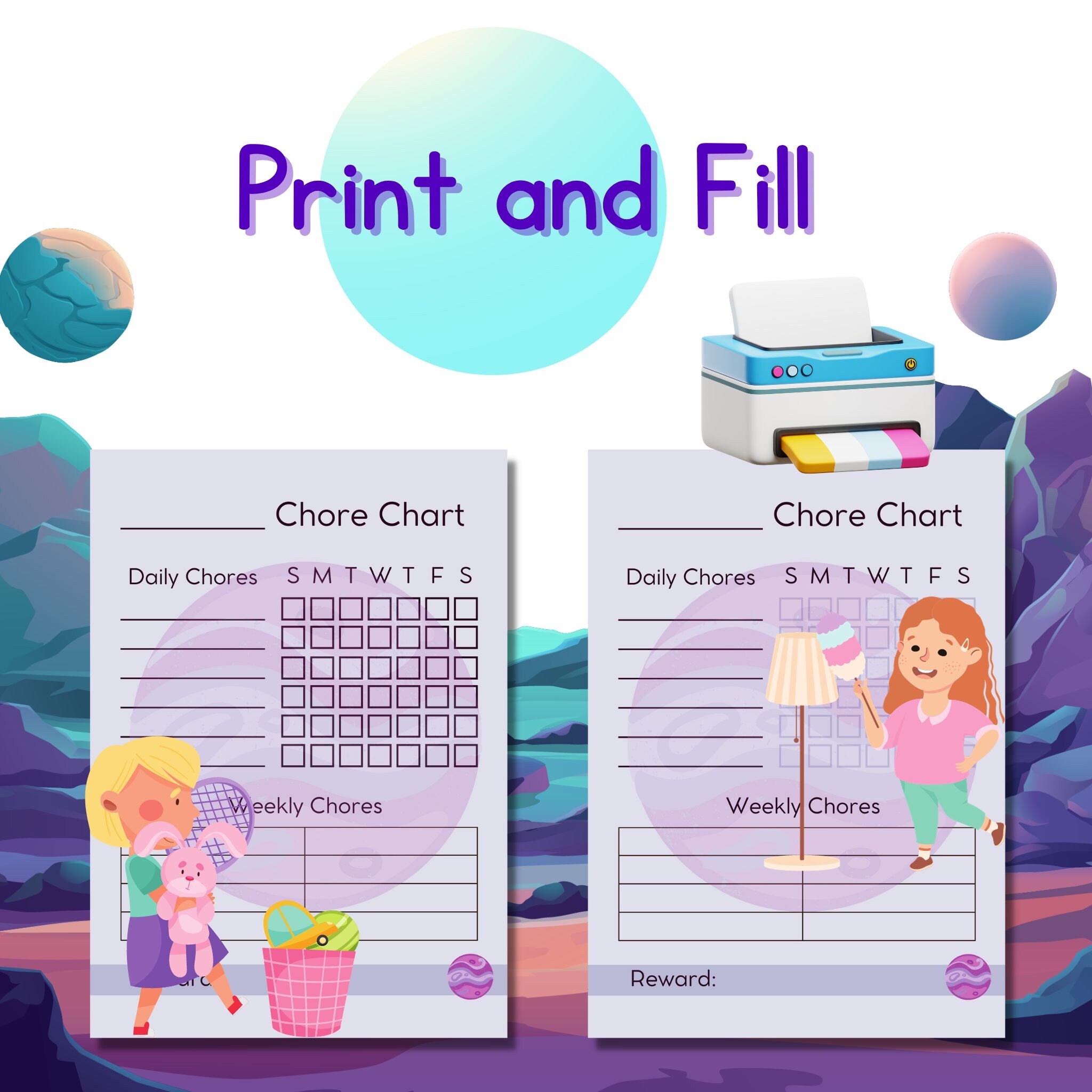 Kids Chore Chart Outer Space, Printable Weekly Kids Chore Chart ...