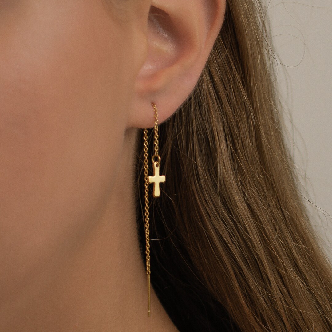 Cross Earrings, Gold Threader Earrings, Chain Earrings, Edgy Earrings ...