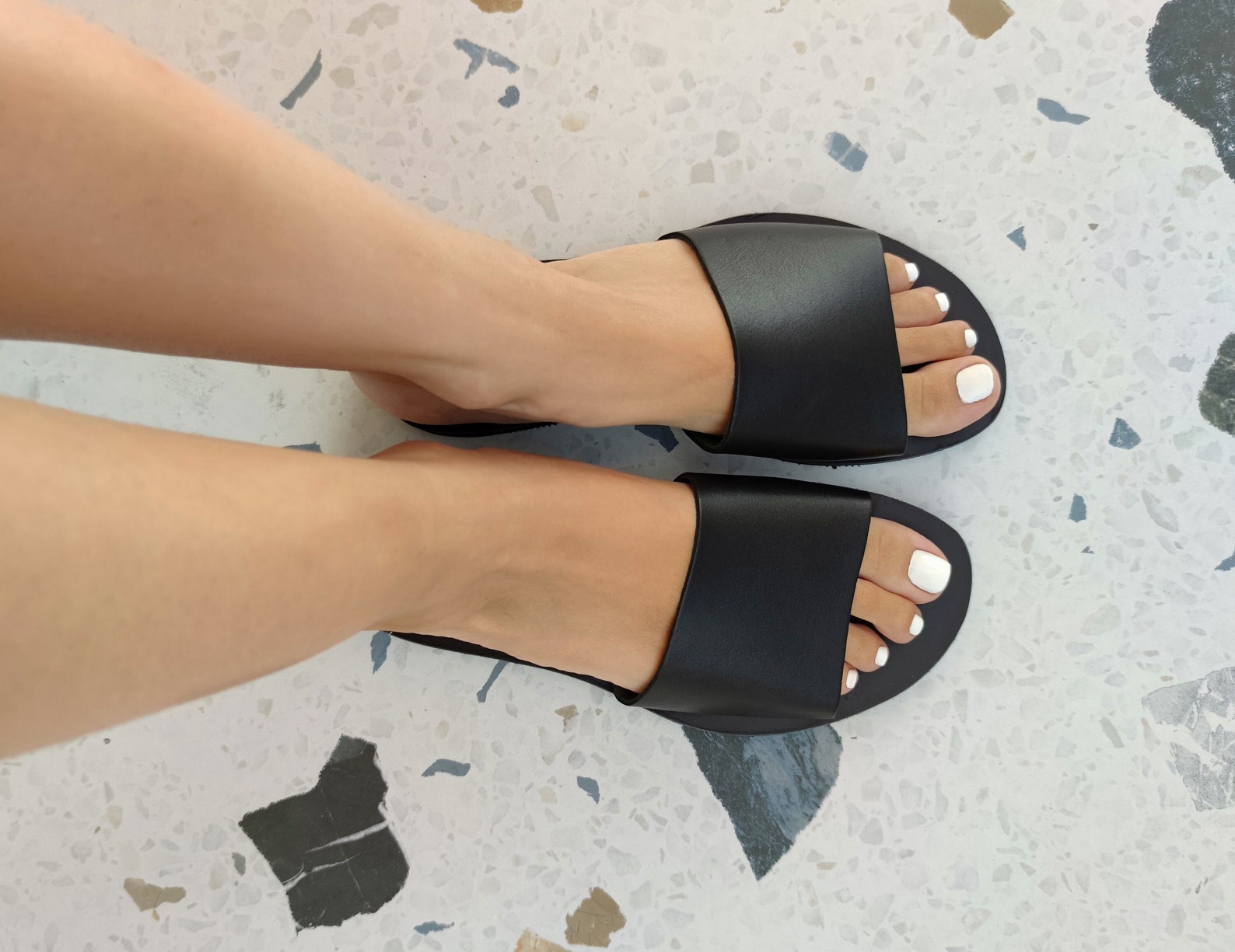 Greek Leather Sandals, Black Slide Sandals, Women's Summer Shoes, Gift ...