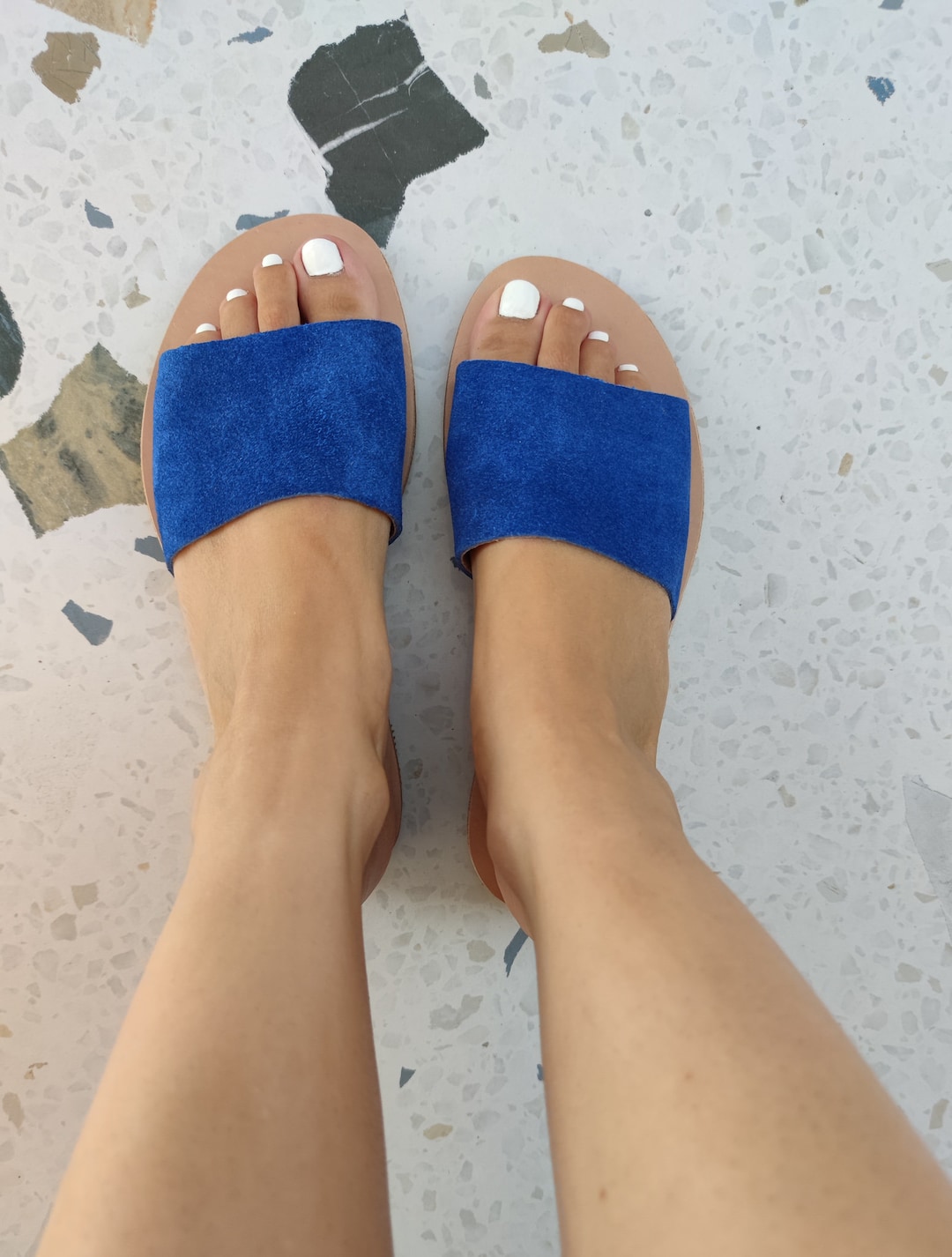 Suede Leather Sandals, Slip-on Slide Sandals, Blue Leather Flats, 100% ...