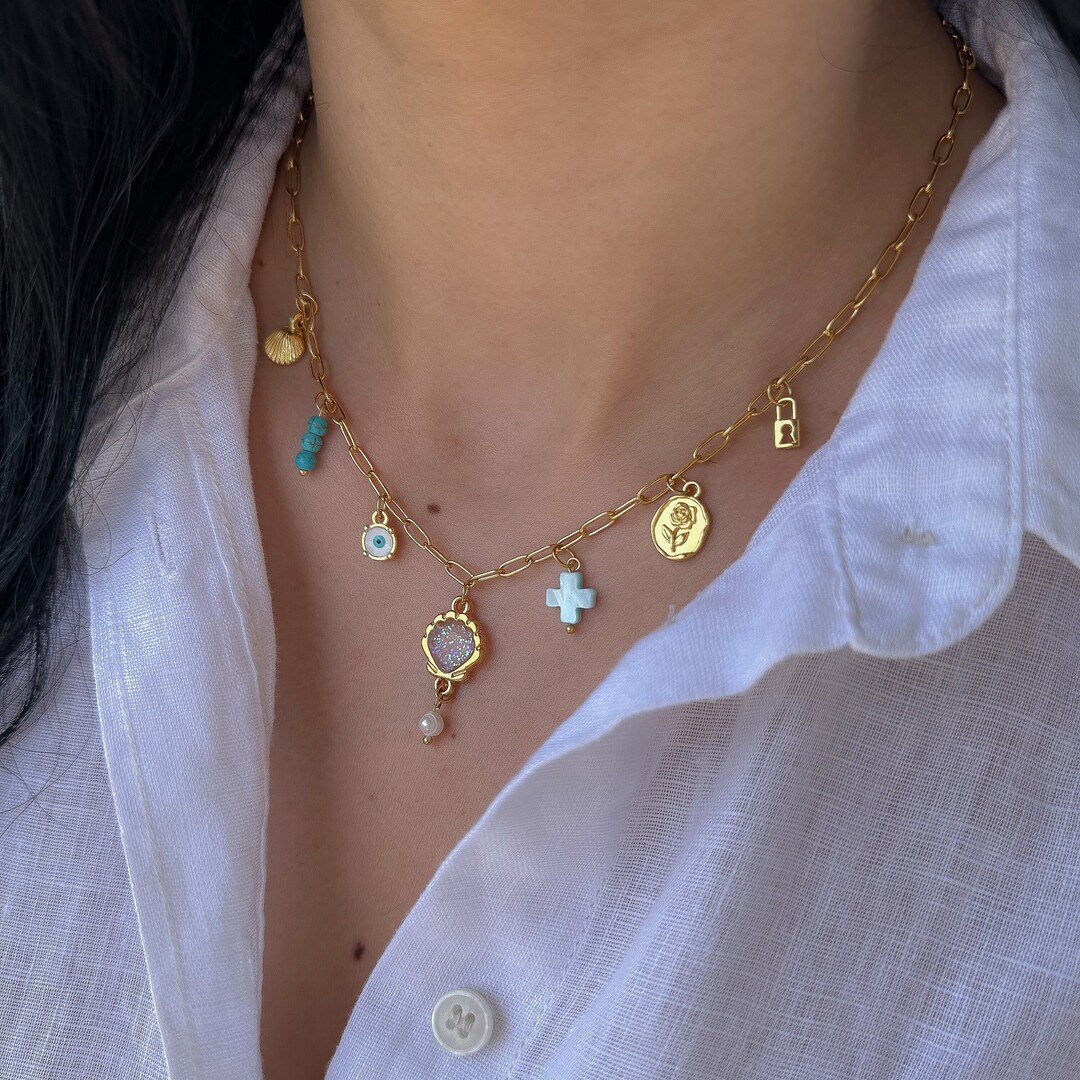 Gold Charm Necklace, Custom Charm Necklace, Gold Vintage Charm Jewelry ...