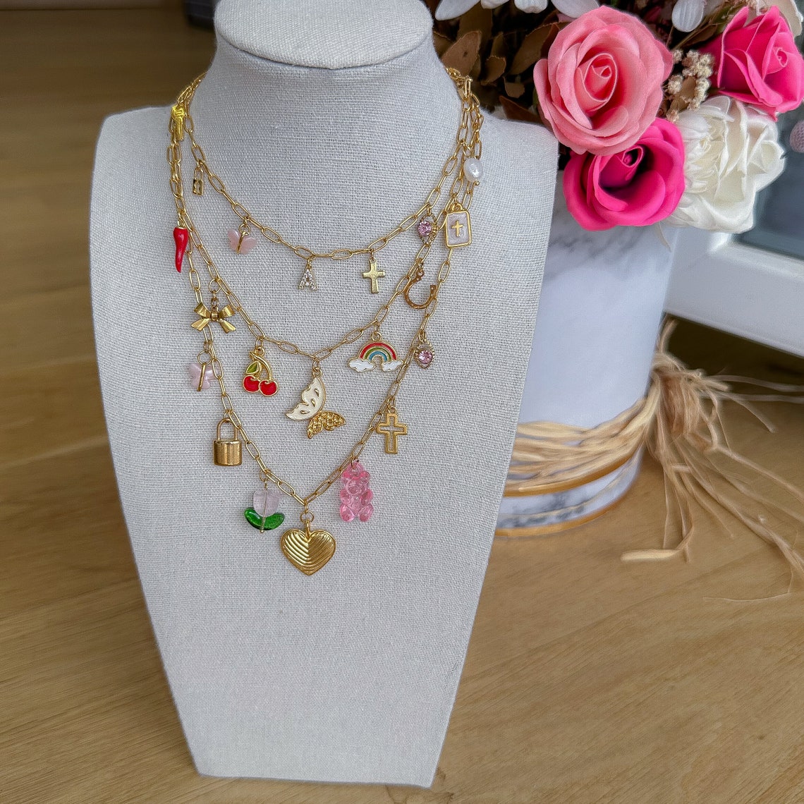 Gold Charm Necklace, Custom Charm Necklace, Gold Vintage Charm Jewelry ...