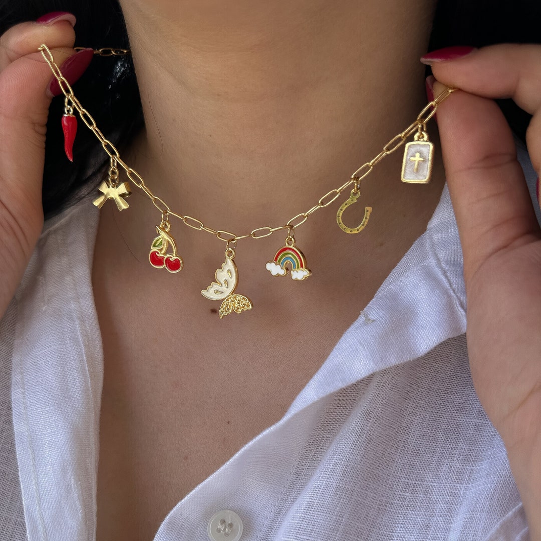 Gold Charm Necklace, Custom Charm Necklace, Gold Vintage Charm Jewelry ...