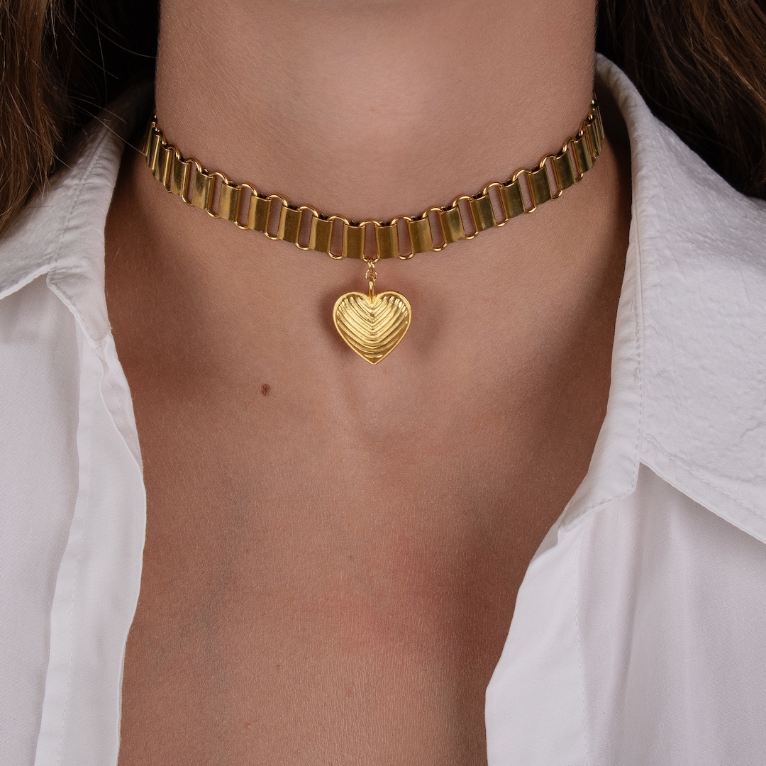 Heart Charm Choker, 18k Gold Choker Necklace, Gold Chunky Chain ...