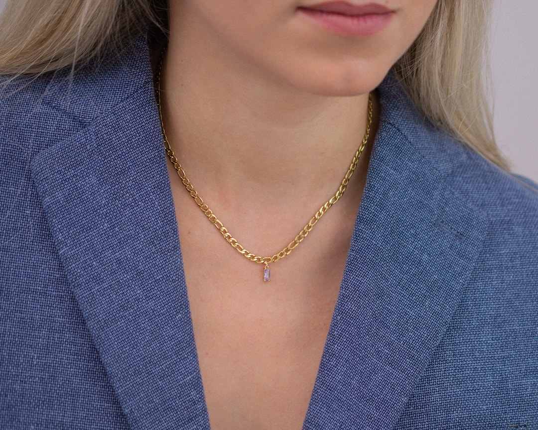 Orange Zircon Gemstone Necklace, Gold Chain Necklace, Stainless Steel ...