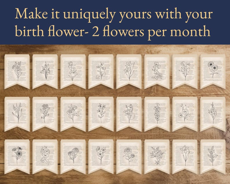 Customizable Birth Flower Book Page Banner – Vintage Library Decor ...