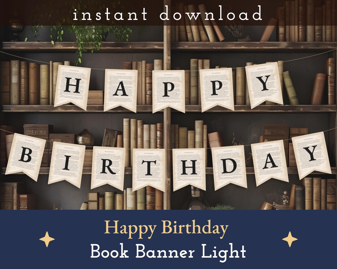 Happy Birthday Book Page Light Banner, Reader Gift (digital Download ...