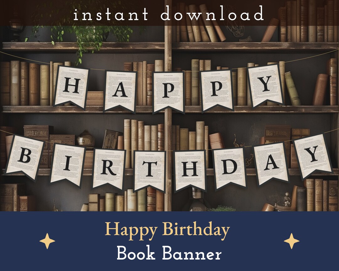 Happy Birthday Book Banner, Vintage Book Page, Book Lover, Digital ...