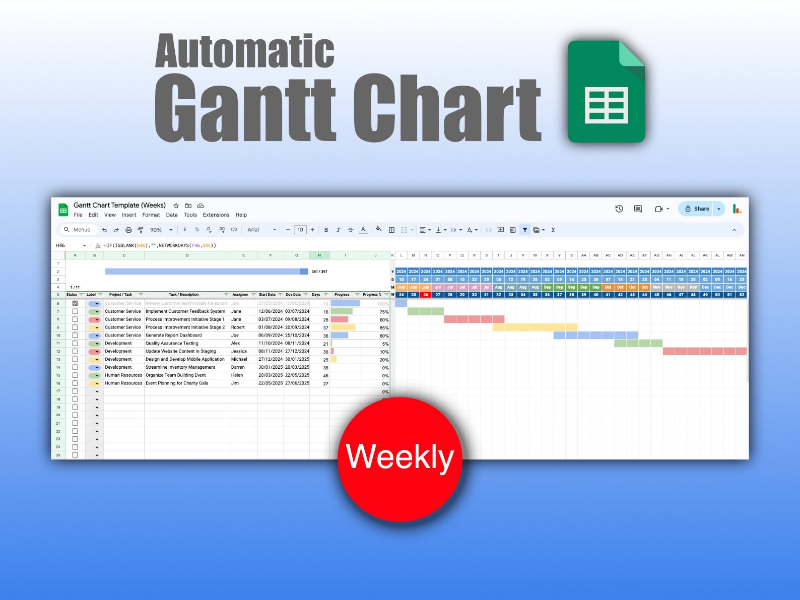 Automatic Weekly Gantt Chart Google Sheets Template Project Timeline ...