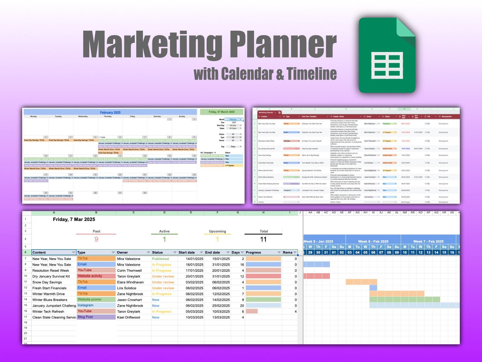 Marketing Planner Google Sheets Template With Calendar & Timeline - Etsy