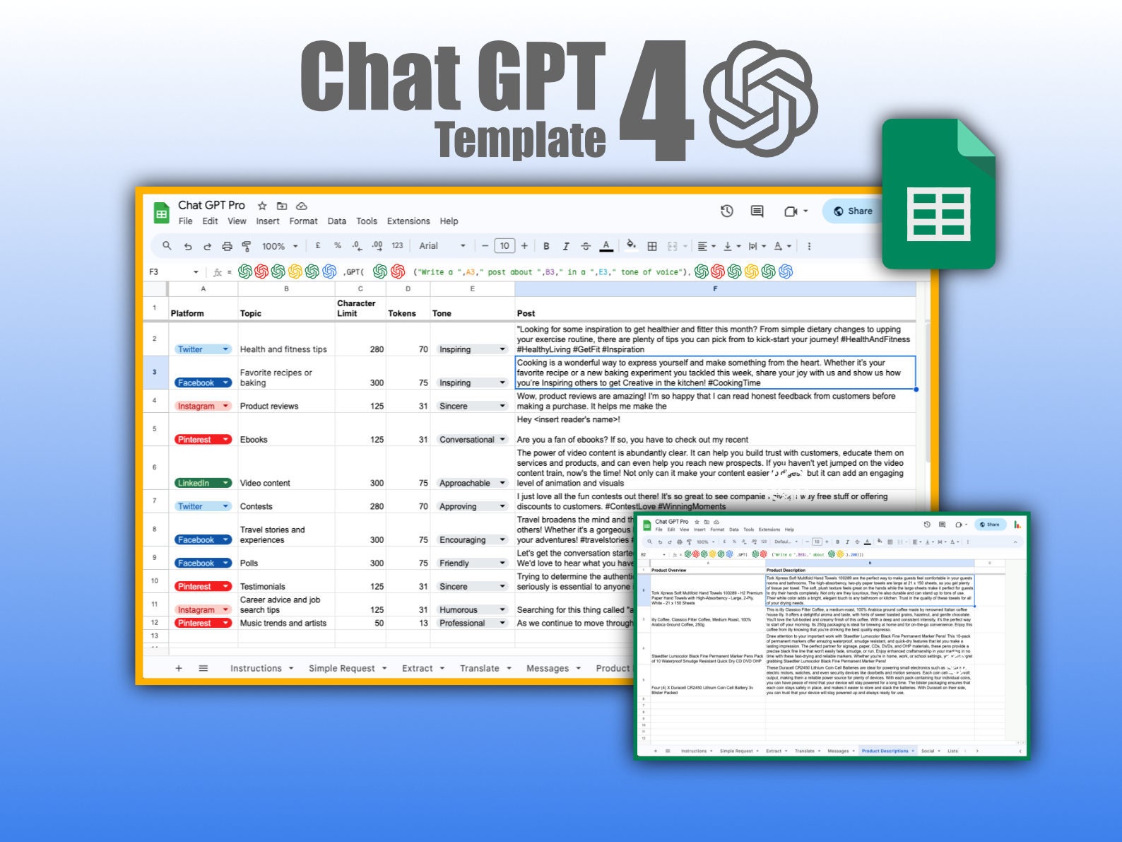 Chat GPT 4 Google Sheets Template Spreadsheet With Built-in Chatgpt by ...