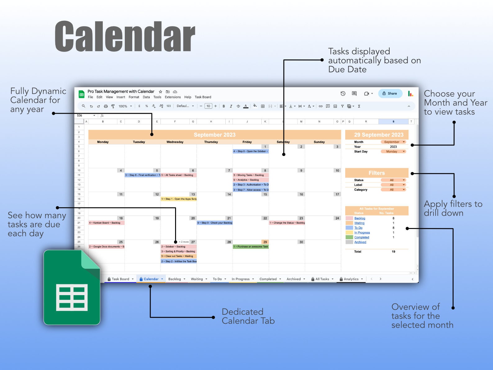 Google Sheets To-do List Template: Calendar & Kanban Task Tracker - Etsy