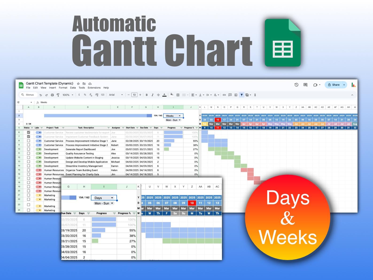 Google Sheets Automatic Gantt Chart Template: Project Timeline With ...