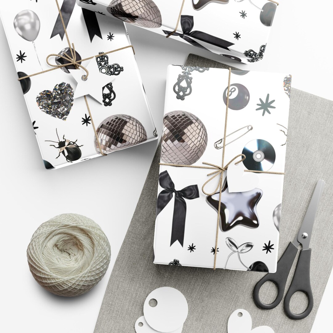 Black and Silver Funky Y2K Millennial Holiday Gift Wrapping Paper Roll ...