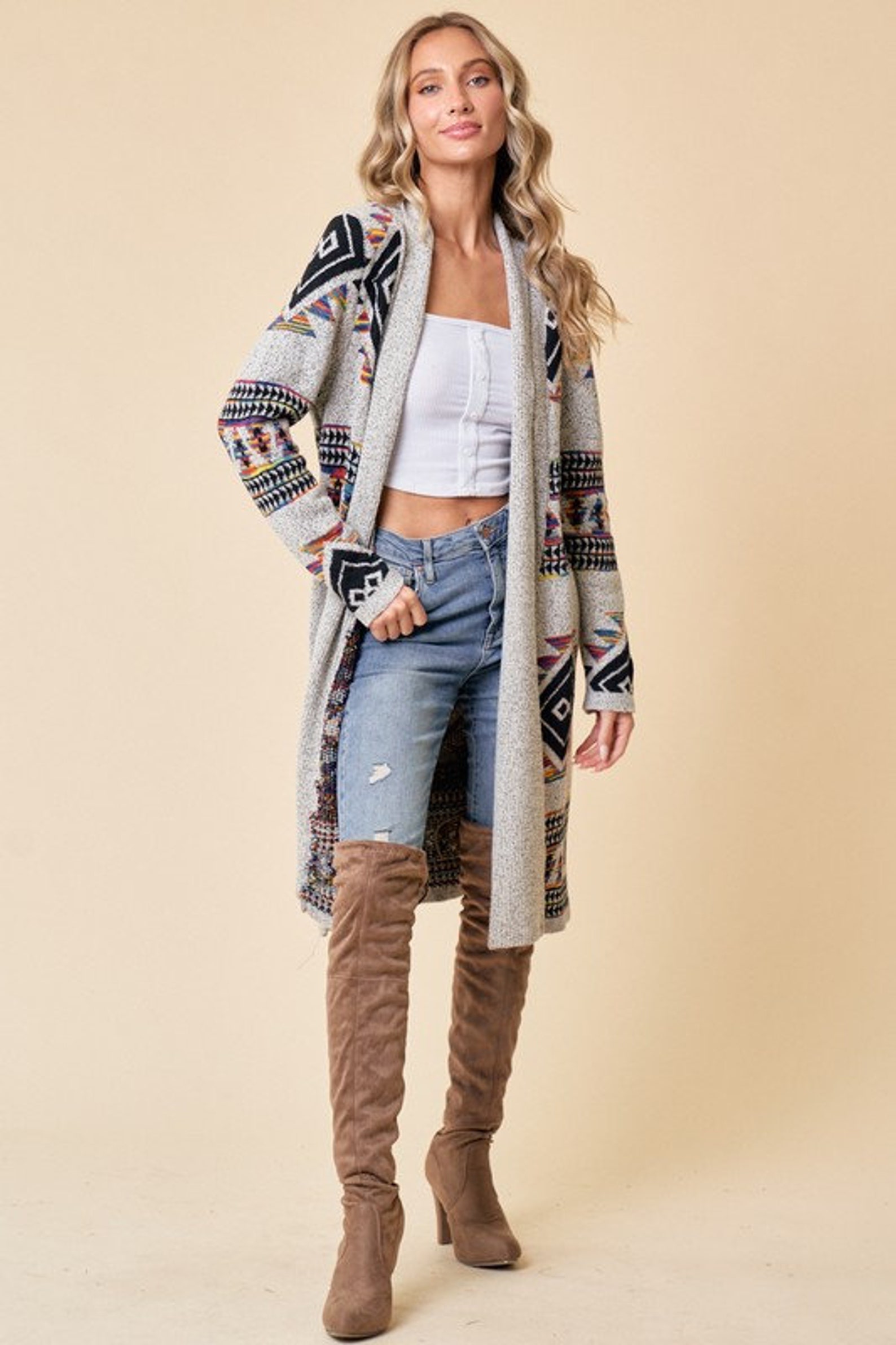 Rainbow Multi Diamond Aztec Pattern ON BLUE Long Cardigan Yellowstone ...