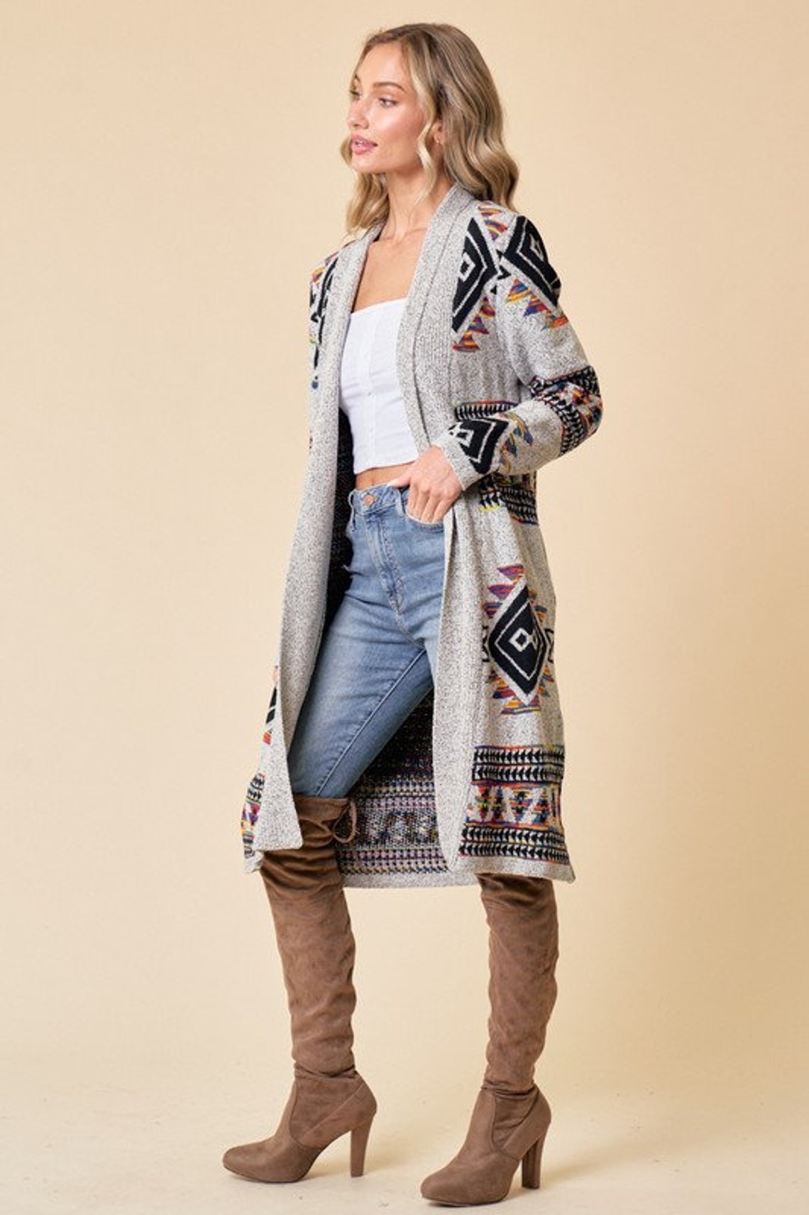 Rainbow Multi Diamond Aztec Pattern ON BLUE Long Cardigan Yellowstone ...