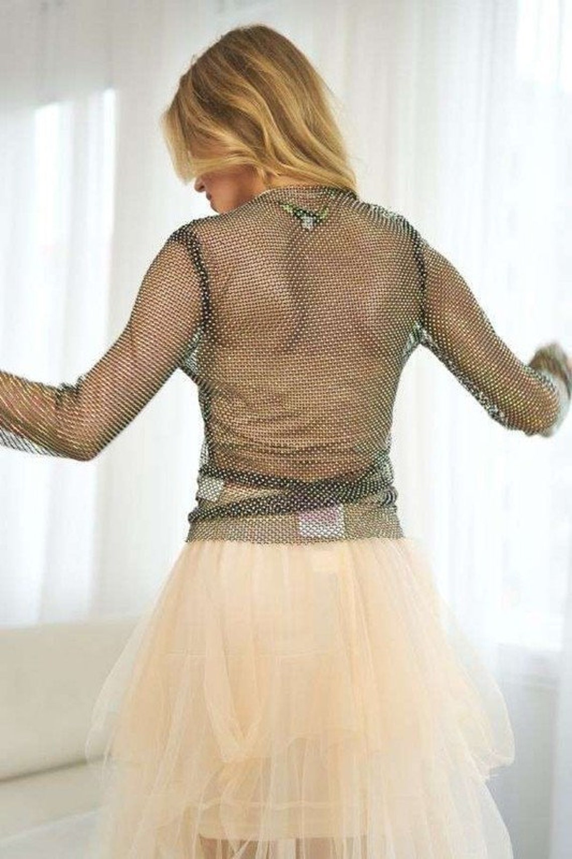 SPARKLING Diamante Detail Sheer Mesh Mock Neck Top CONCERT Resort Wear ...