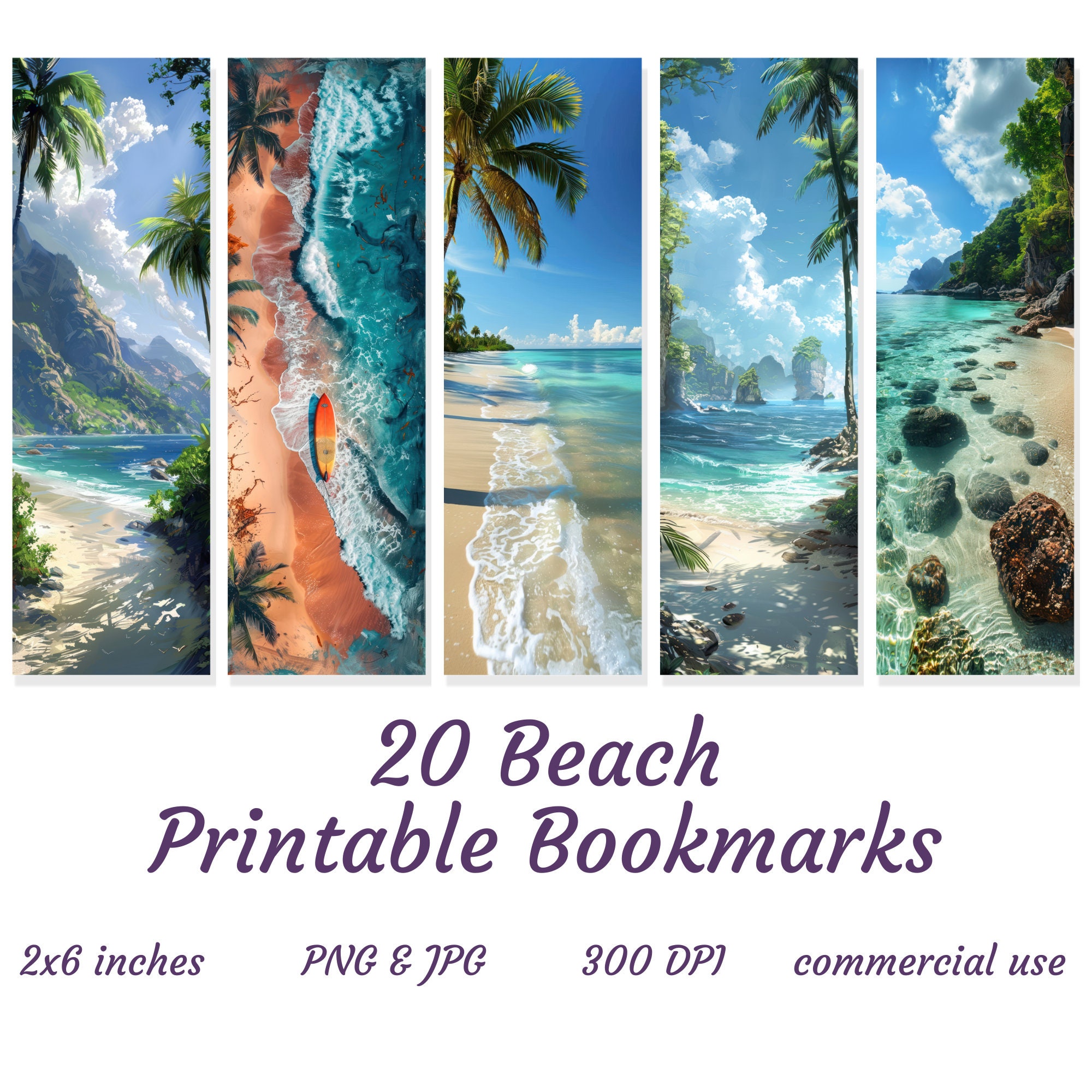 20 Beach Bookmarks, Printable Bookmarks, Summer Bookmarks, Sublimation ...