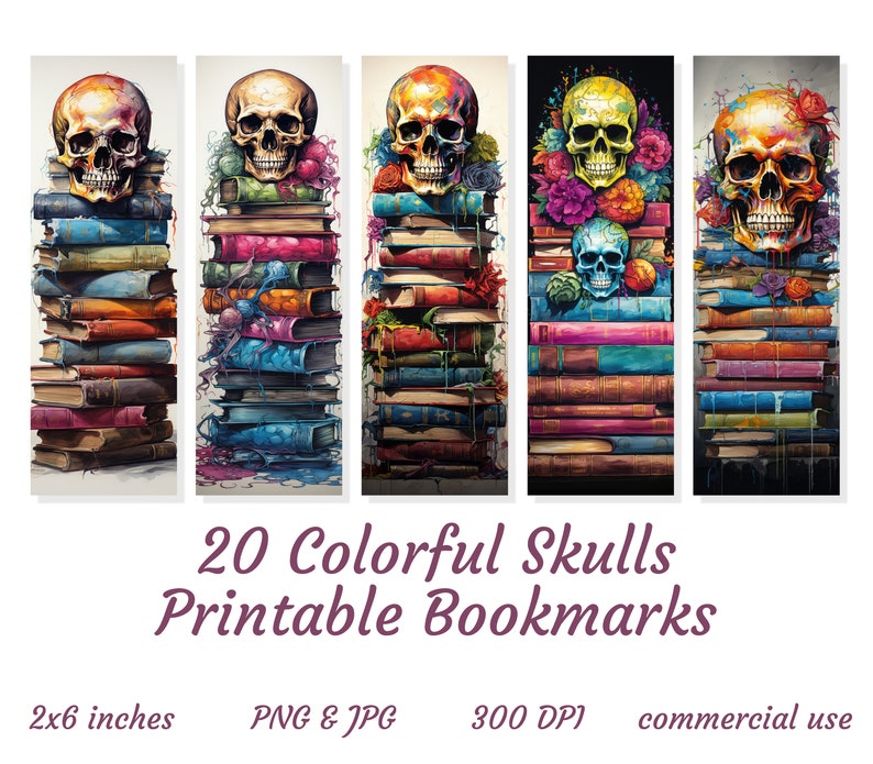 20 Colorful Skulls Printable Bookmarks, Sublimation Bookmark Set, Gift ...