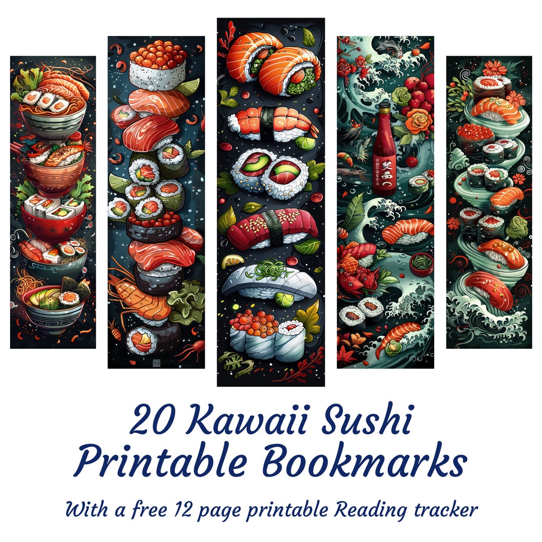 20 Kawaii Sushi Bookmarks, Printable Bookmarks, Sublimation Bookmark ...