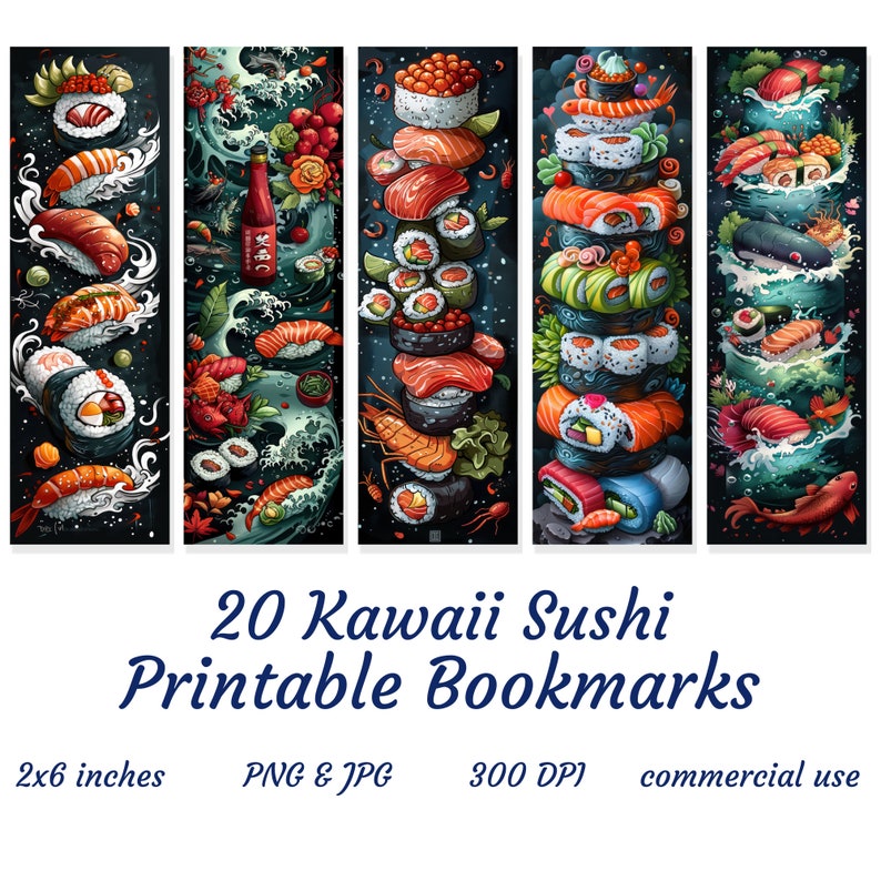 20 Kawaii Sushi Bookmarks, Printable Bookmarks, Sublimation Bookmark ...