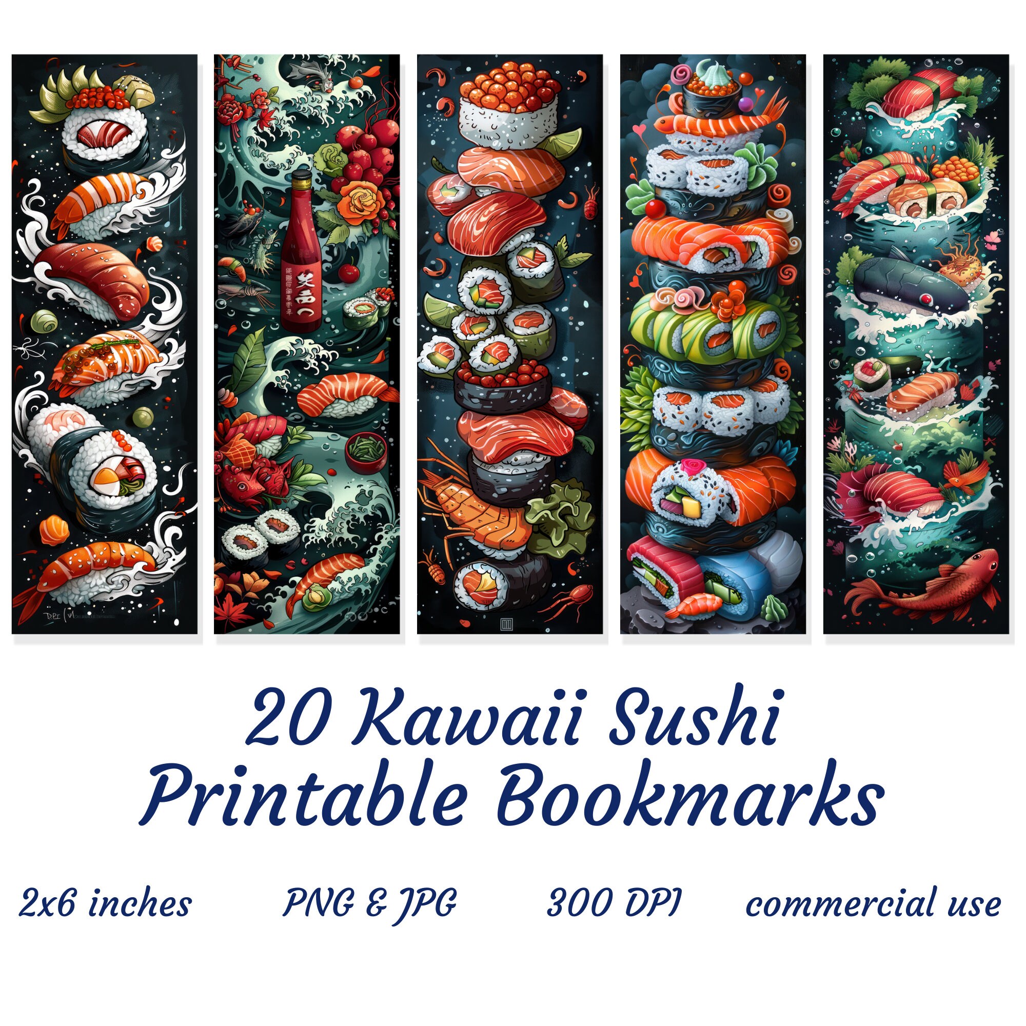 20 Kawaii Sushi Bookmarks, Printable Bookmarks, Sublimation Bookmark ...