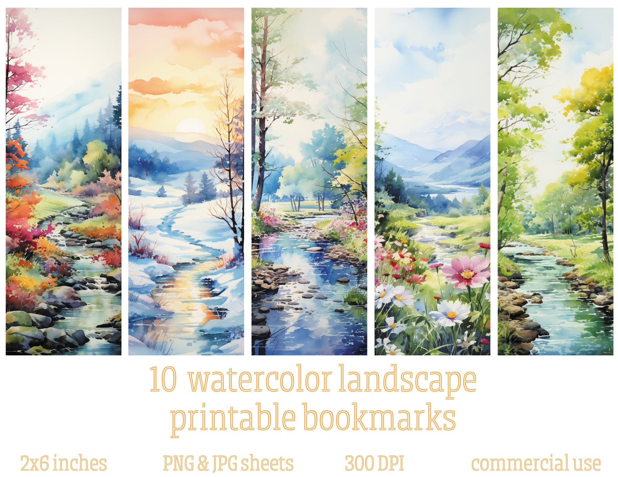 10 Watercolor Landscape Printable Bookmarks, Printable Bookmark Set ...