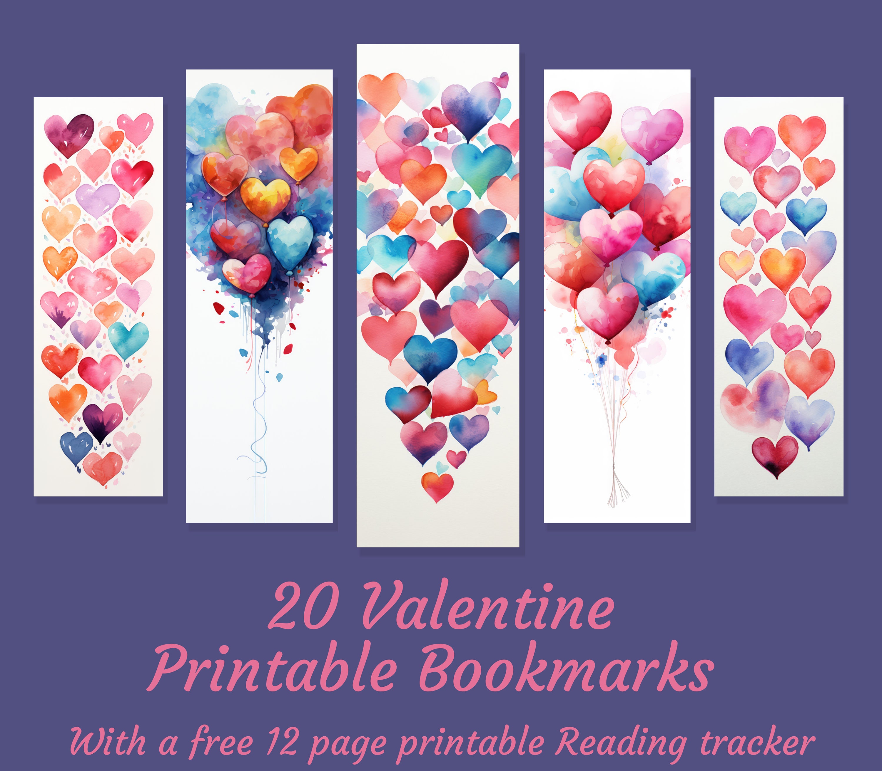 20 Watercolor Valentine Printable Bookmarks, Sublimation Bookmark Set ...