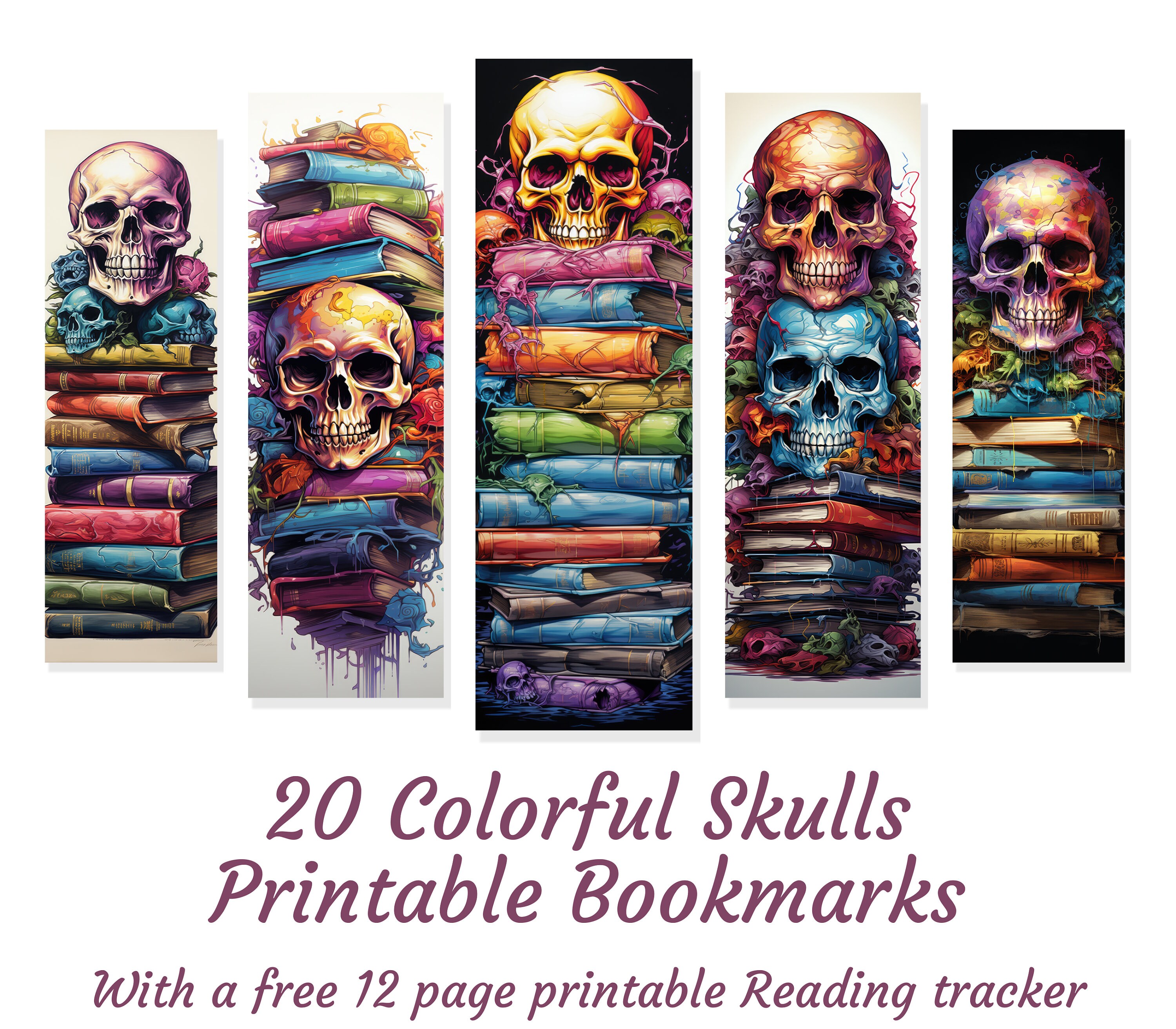 20 Colorful Skulls Printable Bookmarks, Sublimation Bookmark Set, Gift ...