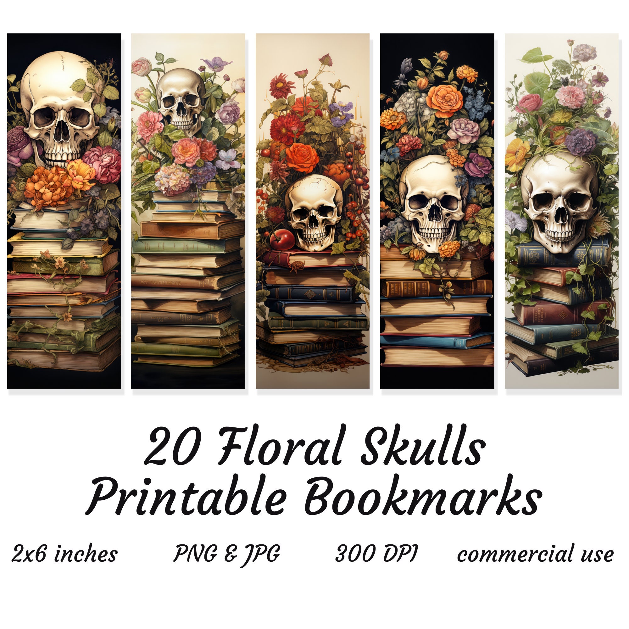 20 Floral Skulls Bookmarks, Gothic Bookmark Set, Bookmark Png, Bookmark ...