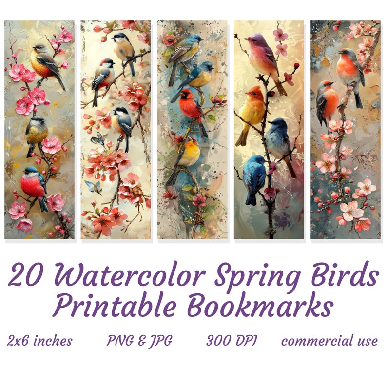 20 Watercolor Spring Birds Bookmarks, Printable Bookmarks, Sublimation ...