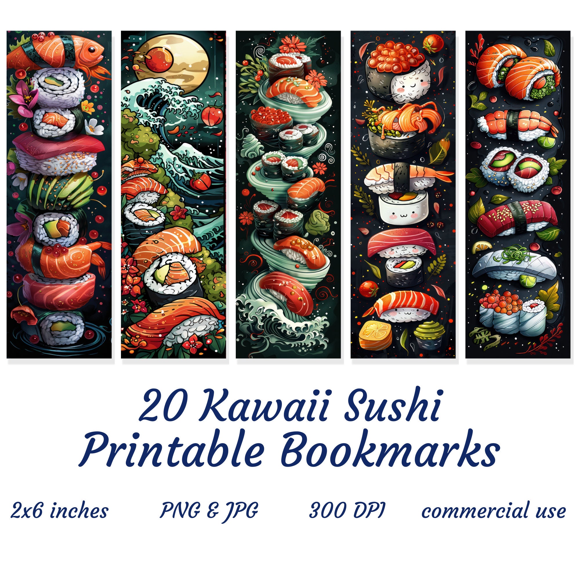 20 Kawaii Sushi Bookmarks, Printable Bookmarks, Sublimation Bookmark ...